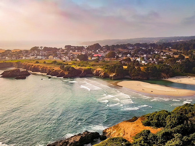 The golden hour transforms Mendocino's coastline into a painter's dream, where sea meets shore in a display that makes even smartphone photographers look like artists.