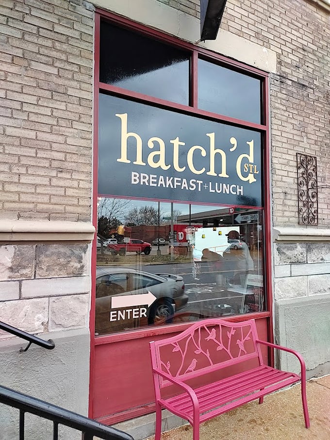 That pink bench outside isn't just seating – it's where you'll contemplate life choices that led to ordering that second helping of chicken and waffles.
