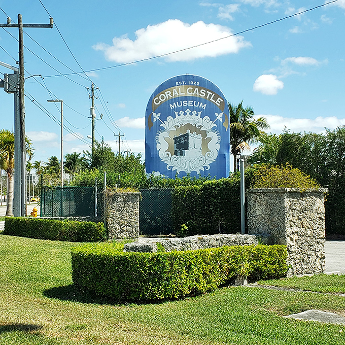 The vintage sign announces "Coral Castle Museum," established 1923—though the mystery of how it was built remains unsolved a century later.
