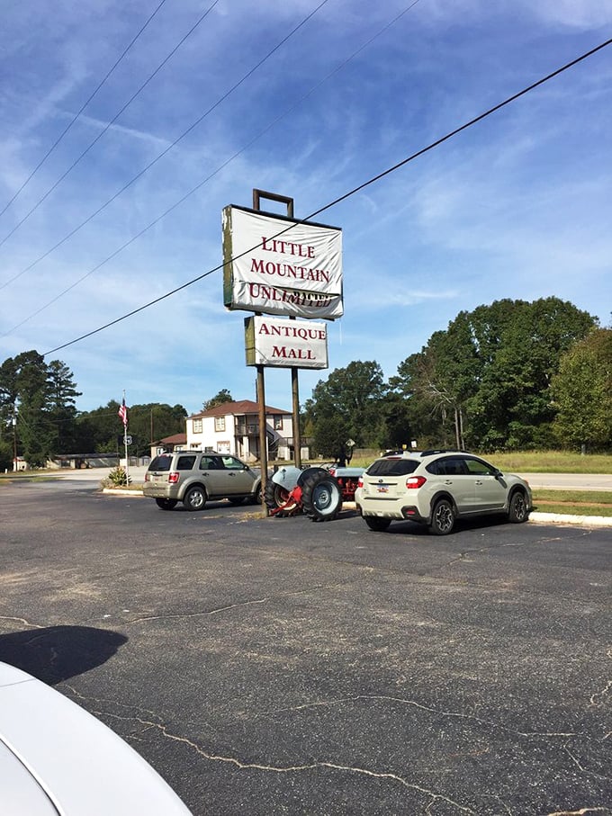 The sign says it all—"Little Mountain Unlimited"—because the possibilities for discovery here truly are limitless. Even the parking lot has character.