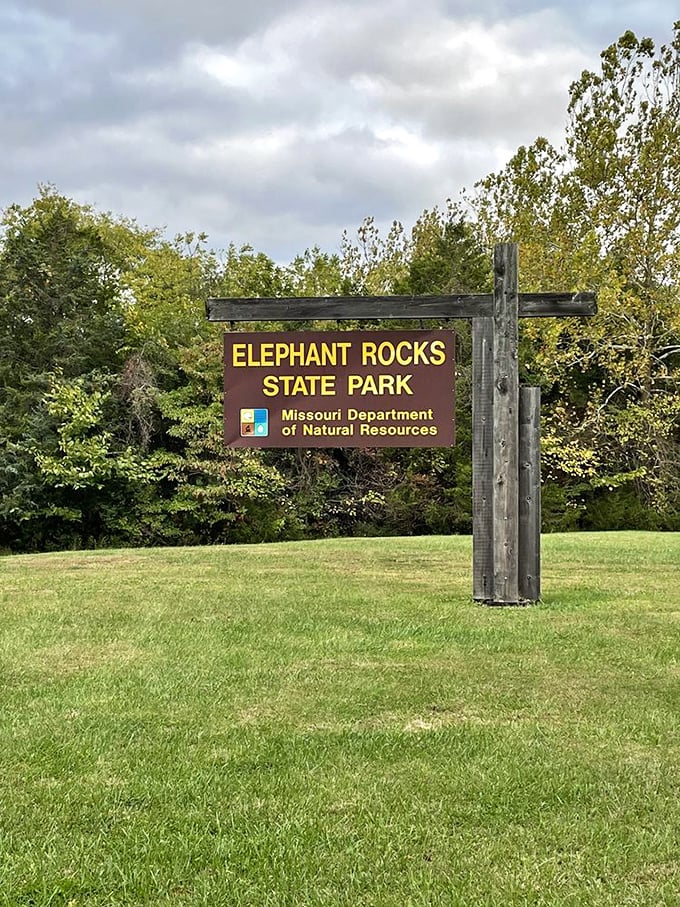 The park's entrance sign stands as a humble introduction to one of Missouri's most spectacular geological treasures—no spoilers here, just pure anticipation.