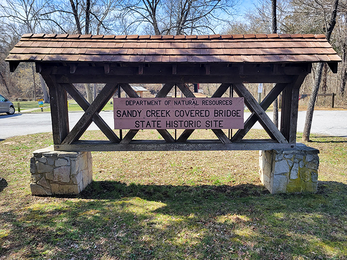 The entrance sign stands as a humble introduction to a remarkable piece of Missouri history—understated yet proud of its heritage.