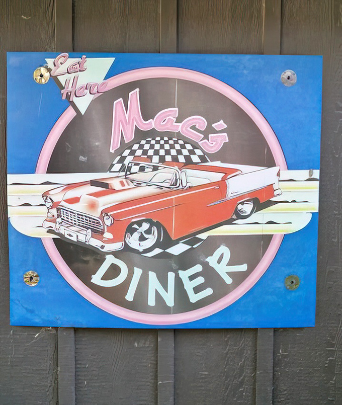 The sign says it all—classic cars and classic food. This isn't just branding; it's a promise that Mac's delivers on with every plate.