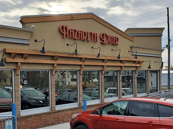 The iconic Nazareth Diner sign, a landmark that's guided hungry travelers for years. When you see this, you know extraordinary French toast is just steps away.