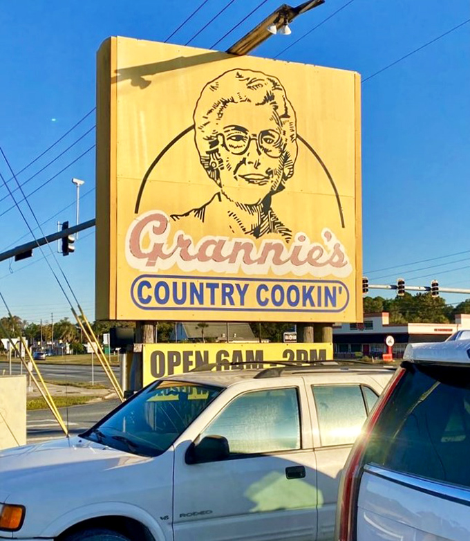 The iconic yellow sign stands as a beacon of breakfast hope—a lighthouse guiding hungry travelers to the promised land of proper country cooking.