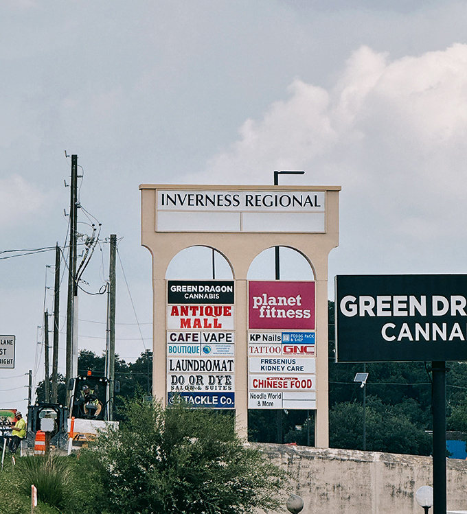 The sign says it all—nestled between everyday errands like fitness and Chinese food lies a portal to nostalgia.
