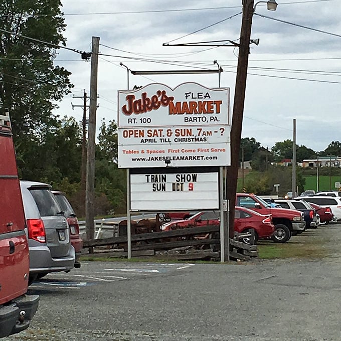 The iconic Jake's Flea Market sign – a beacon for treasure hunters that promises adventure from April till Christmas, rain or shine.