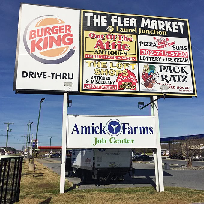 This roadside sign tells the story—antiques, pizza, and "Pack Ratz" all under one roof. A perfect Delaware day starts here.