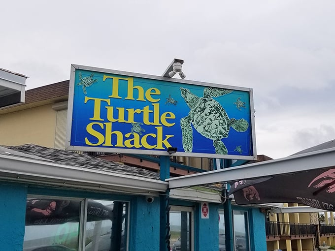 A sign that promises exactly what it delivers—seafood paradise. That turtle isn't just a mascot; it's a guide to the good life.