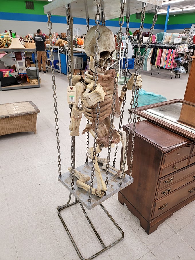 The ultimate Halloween find! This skeleton on a swing embodies Goodwill's unpredictability – you never know when you'll discover a conversation piece.