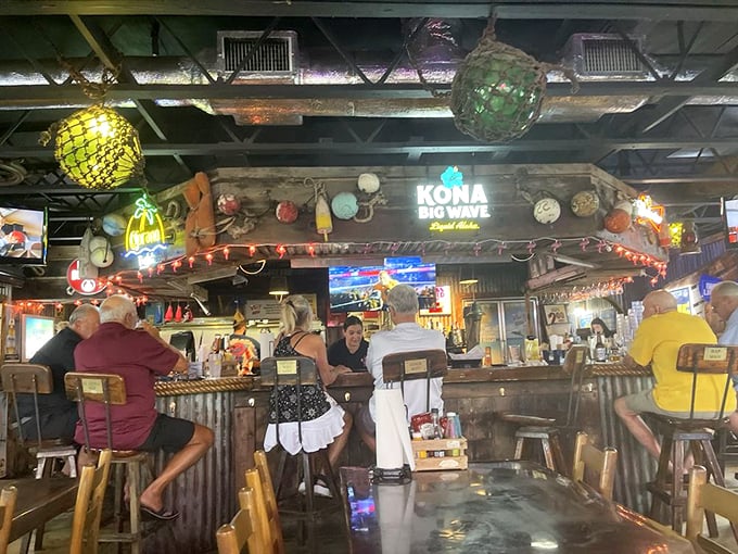 The bustling bar scene where "I'll just have one drink" becomes "What time do you close?" Green glass floats overhead like buoys marking good times.