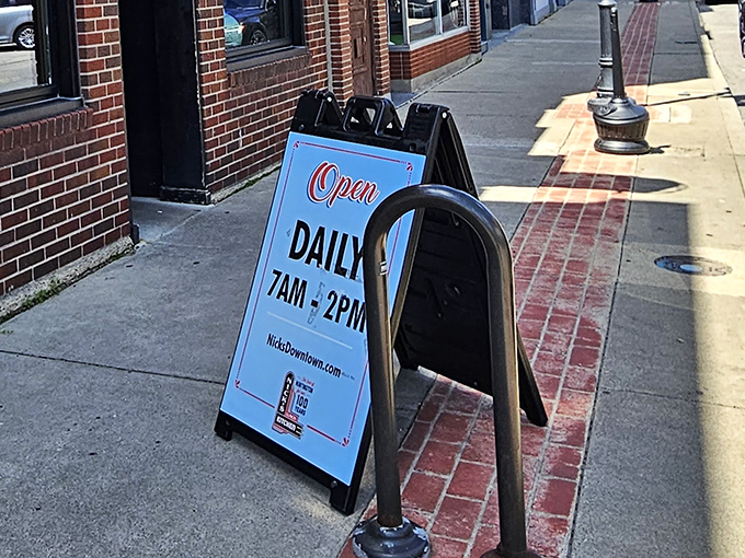 The sidewalk sign that promises daily delights from 7am to 2pm – a schedule that respects the sacred timing of proper breakfast and lunch.