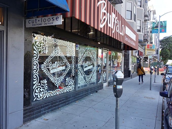 The street view reveals Buffalo Exchange's perfect habitat—nestled among other independent businesses in this vibrant urban ecosystem.