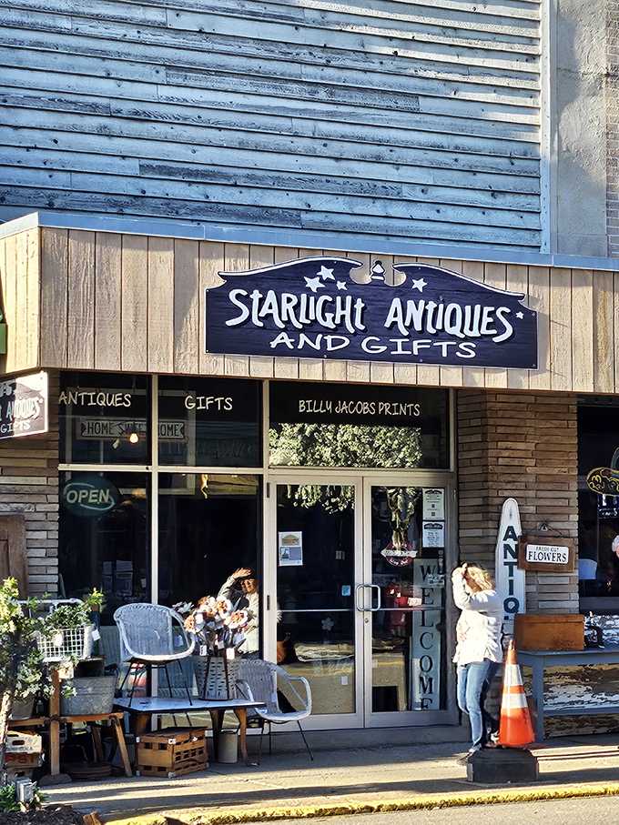 The blue weathered siding creates the perfect backdrop for this treasure trove. Even the orange traffic cone seems to be saying, "This way to nostalgia!"