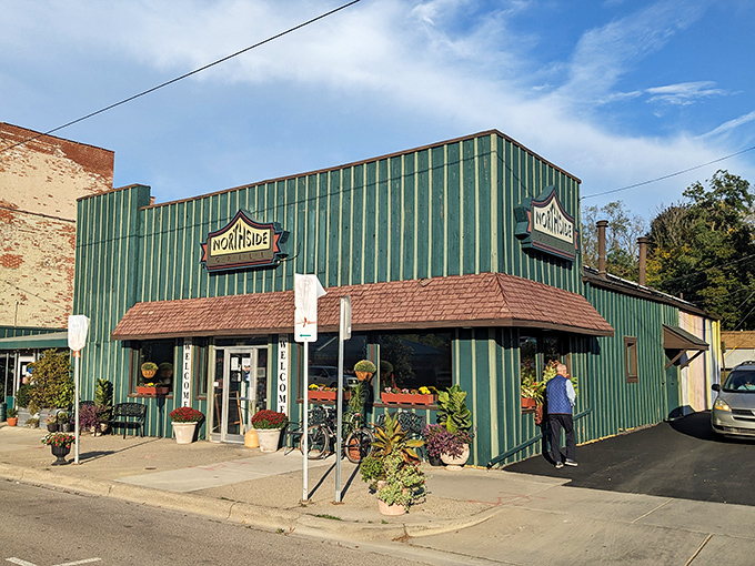 From this angle, the distinctive green building stands as a neighborhood landmark—a beacon of breakfast hope on Ann Arbor's north side.