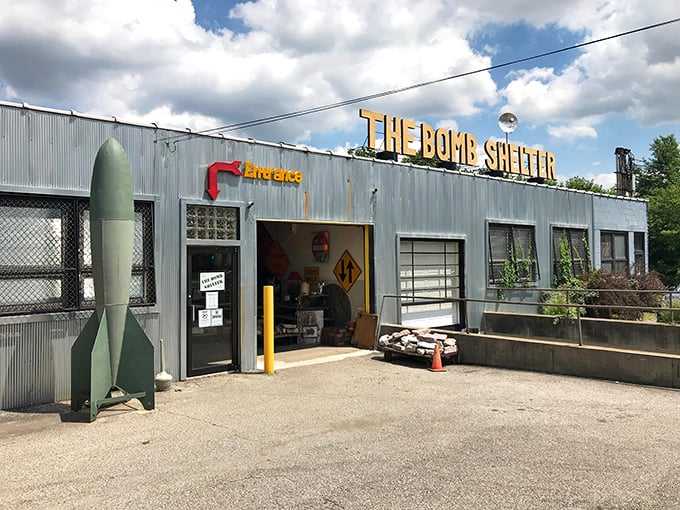 The rocket outside isn't just decoration—it's a promise of the adventure waiting inside. Cold War aesthetics with a warm, welcoming vibe.
