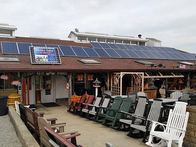 Solar panels meet rocking chairs in perfect harmony. This storefront proves sustainability and tradition aren't enemies—they're actually quite comfortable neighbors.