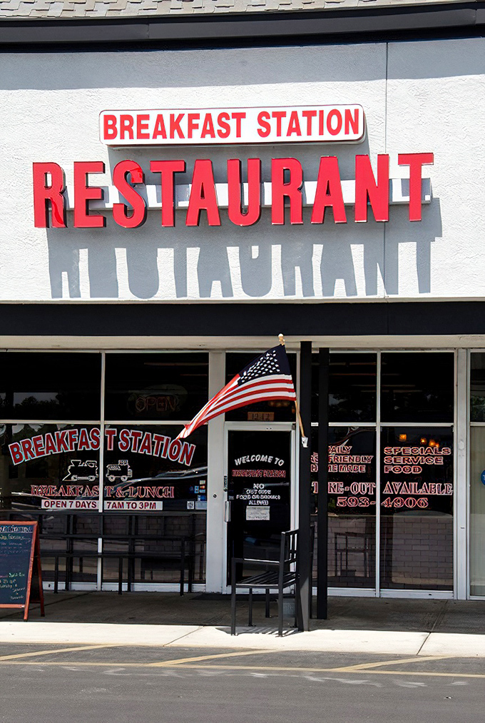 The American flag stands guard outside—because patriotism begins with supporting local breakfast joints that understand the importance of home fries.