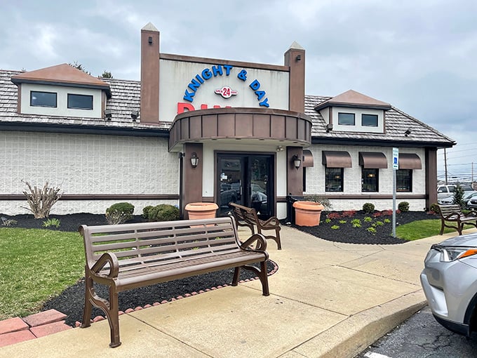 A diner entrance that promises good things await inside. That bench isn't just seating—it's for the food meditation you'll need afterward.