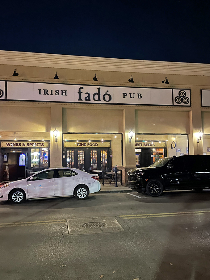As night falls, Fadó's warm glow beckons passersby with the promise of good food, flowing drinks, and that special Irish hospitality.