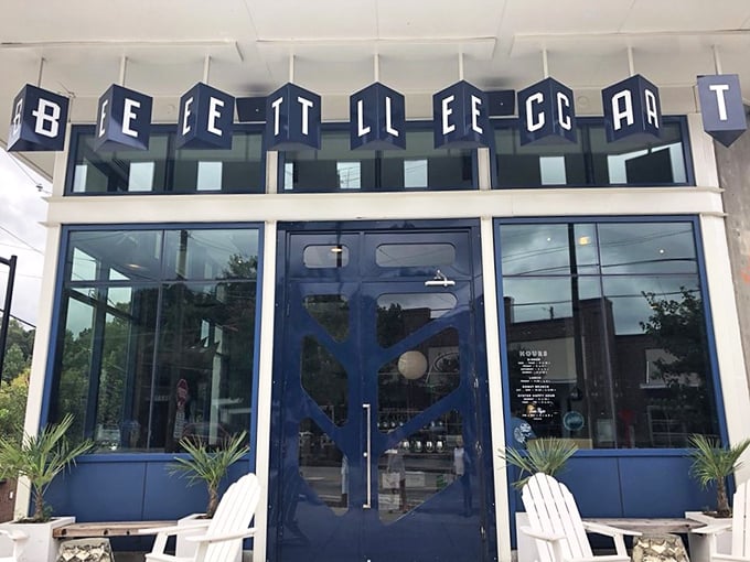 The bold blue storefront with its distinctive signage serves as a lighthouse for hungry souls navigating Inman Park in search of exceptional seafood.