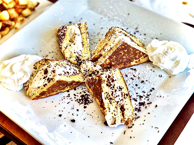French toast transformed into edible art—dusted with powdered sugar and chocolate, it's breakfast masquerading as dessert.