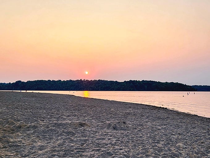 As the sun bids farewell, East Fork's sandy beach glows with golden promise—tomorrow brings another perfect day by the water.