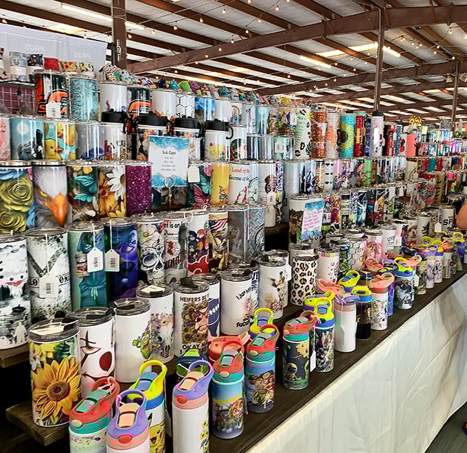 Tumbler paradise! These colorful insulated cups ensure your drink stays cold during hours of shopping – practical souvenirs that keep on giving.