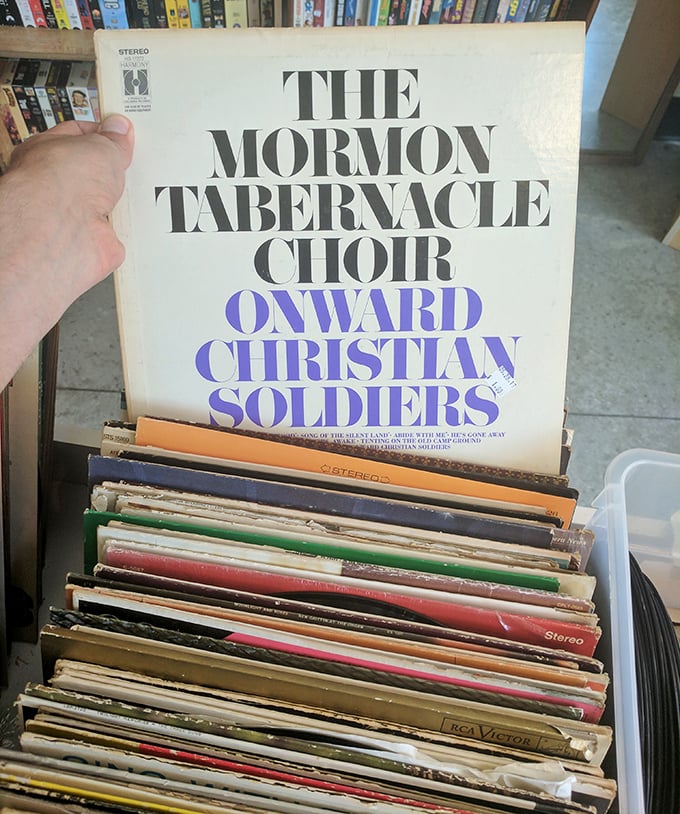 Vinyl treasure hunting at its finest! The Mormon Tabernacle Choir album might not top your playlist, but digging through records is half the fun.