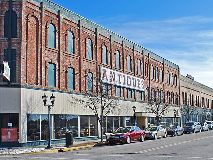 Historic brick buildings line Bay City's downtown, where antique shops and local businesses create a charming small-town atmosphere.