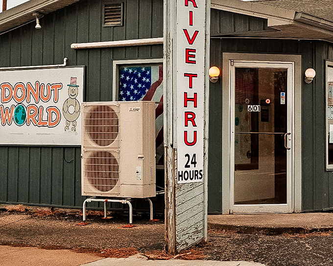 The unassuming blue exterior of Donut World hides a 24-hour paradise of sweet, doughy delights.