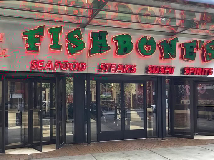 Fishbone's neon sign glows with promise – like Vegas decided to open a seafood joint in Detroit.