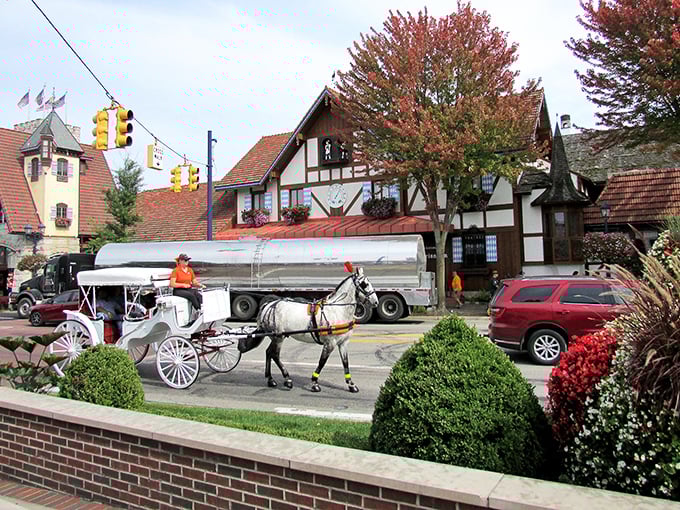 Horse-drawn carriages in Frankenmuth – where Michigan decided to throw a permanent Oktoberfest party with Tudor architecture and charm to spare.