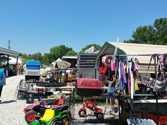 Treasure hunting in the sunshine! Kids' toys and household gadgets await under these colorful canopies at Union's bustling flea market.