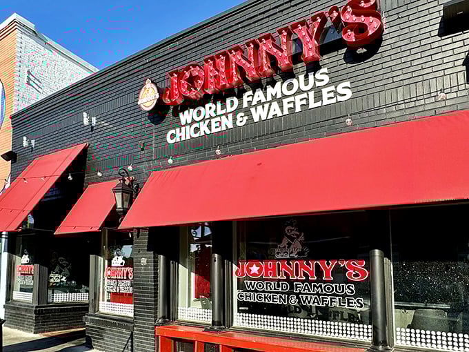 That red awning isn't just for show – it's a beacon calling hungry souls to crispy chicken paradise.