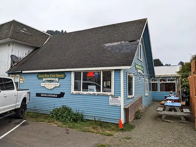 The blue exterior of Luna Sea Fish House beckons like a coastal siren. This unassuming spot holds seafood treasures that locals line up for.