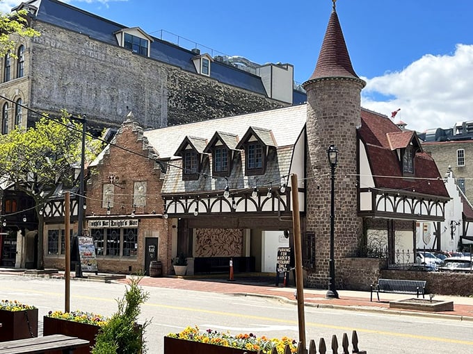 Mader's Restaurant exterior looks like a medieval castle dropped into downtown Milwaukee. That turret isn't compensating for anything—it's just German architecture showing off!