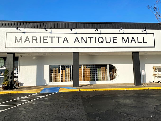 The iconic storefront of Marietta Antique Mall beckons treasure hunters with its simple elegance. Like a time capsule waiting to be opened!
