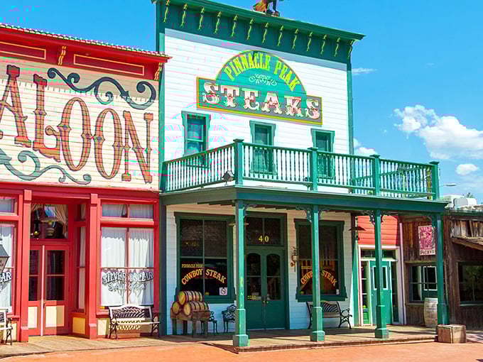 The Old West isn't dead – it's alive and serving mesquite-grilled steaks at Pinnacle Peak's colorful storefront, where your necktie isn't safe!
