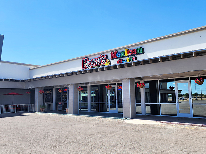 Rosa's colorful sign promises Mexican delights in Mesa. The bright lettering against the blue sky is like a beacon for chimichanga lovers!
