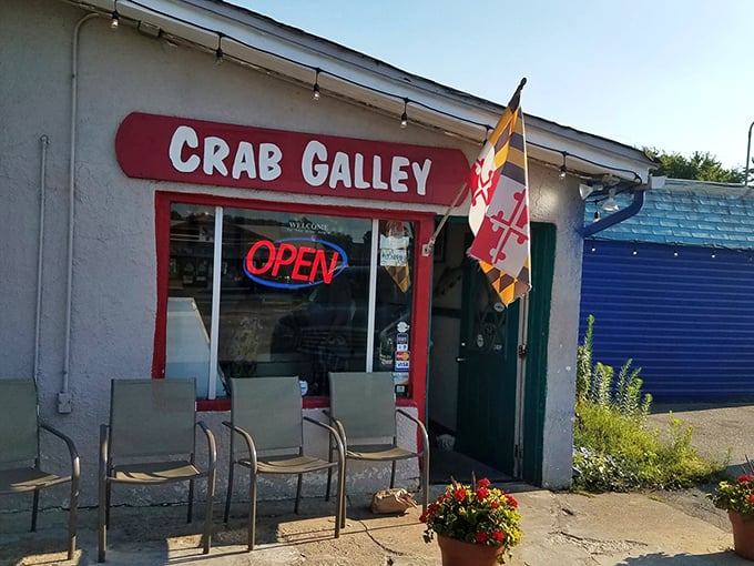 The Crab Galley: That little red sign promises big flavor! Maryland's flag flies proudly outside this tiny seafood treasure in Odenton.