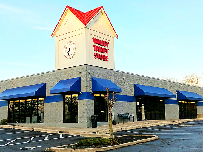 Valley Thrift Store's iconic red-topped clock tower stands like a lighthouse for bargain hunters navigating the sea of secondhand treasures.