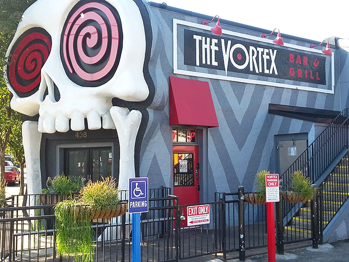 The Vortex's skull entrance isn't subtle – like walking into a rock concert where the main act is a juicy burger. 