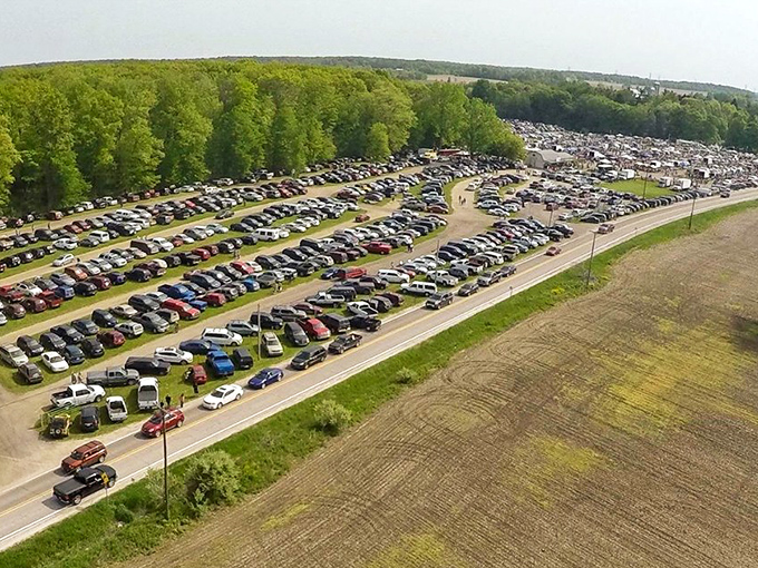 The aerial view tells all—this isn't just a flea market, it's a small city of bargains with parking to match.