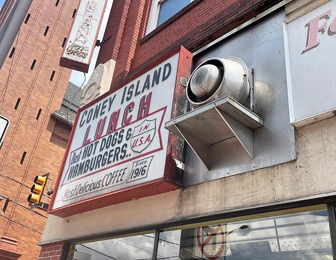 That vintage sign isn't just for show—it's a beacon of hope for hot dog lovers wandering the streets of Johnstown.