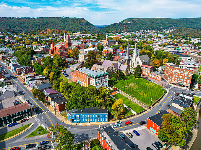 From above, Cumberland spreads like a patchwork quilt nestled between rolling Appalachian hills and valleys.
