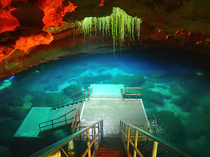 Nature's own light show! Sunbeams pierce through the cave opening, transforming Devil's Den into an underwater cathedral of blue.
