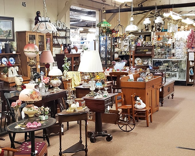 Lamp heaven! This corner of Emmitsburg Antique Mall could light up your life—and your living room—with vintage glow and nostalgic charm.