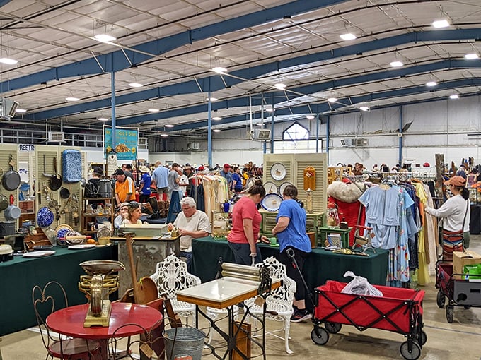 The thrill of the hunt comes alive as shoppers navigate aisles packed with potential treasures and unexpected finds.