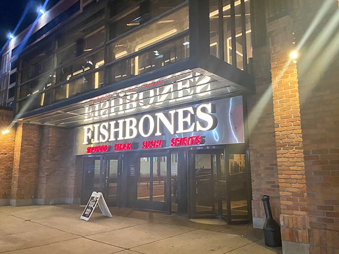 Night or day, Fishbone's brick-and-glass entrance beckons seafood lovers like a lighthouse for hungry sailors.